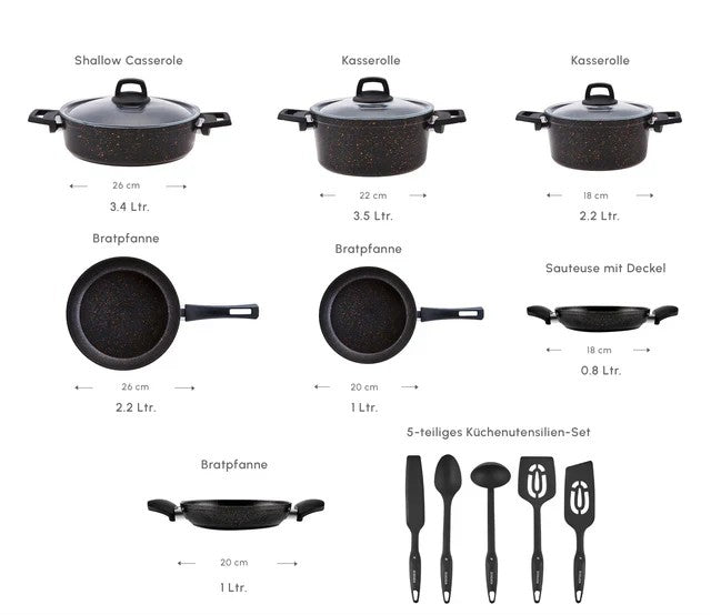 Karaca Biogranit Blackgold 15-Piece Induction Pot Set – Premium Non-St ...
