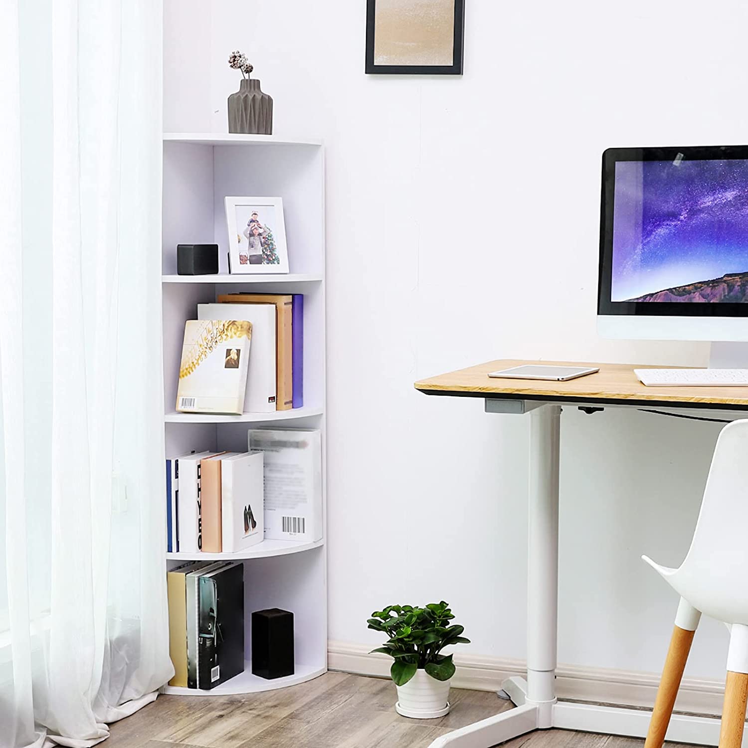 4-Tier Corner Shelf Unit, Freestanding Display Storage Shelves and Woo