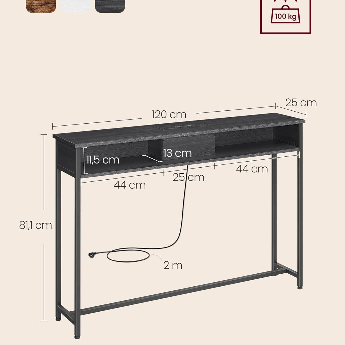 Slim Console Table with Sockets & 2 Compartments Charcoal Grey/Ink Bla ...