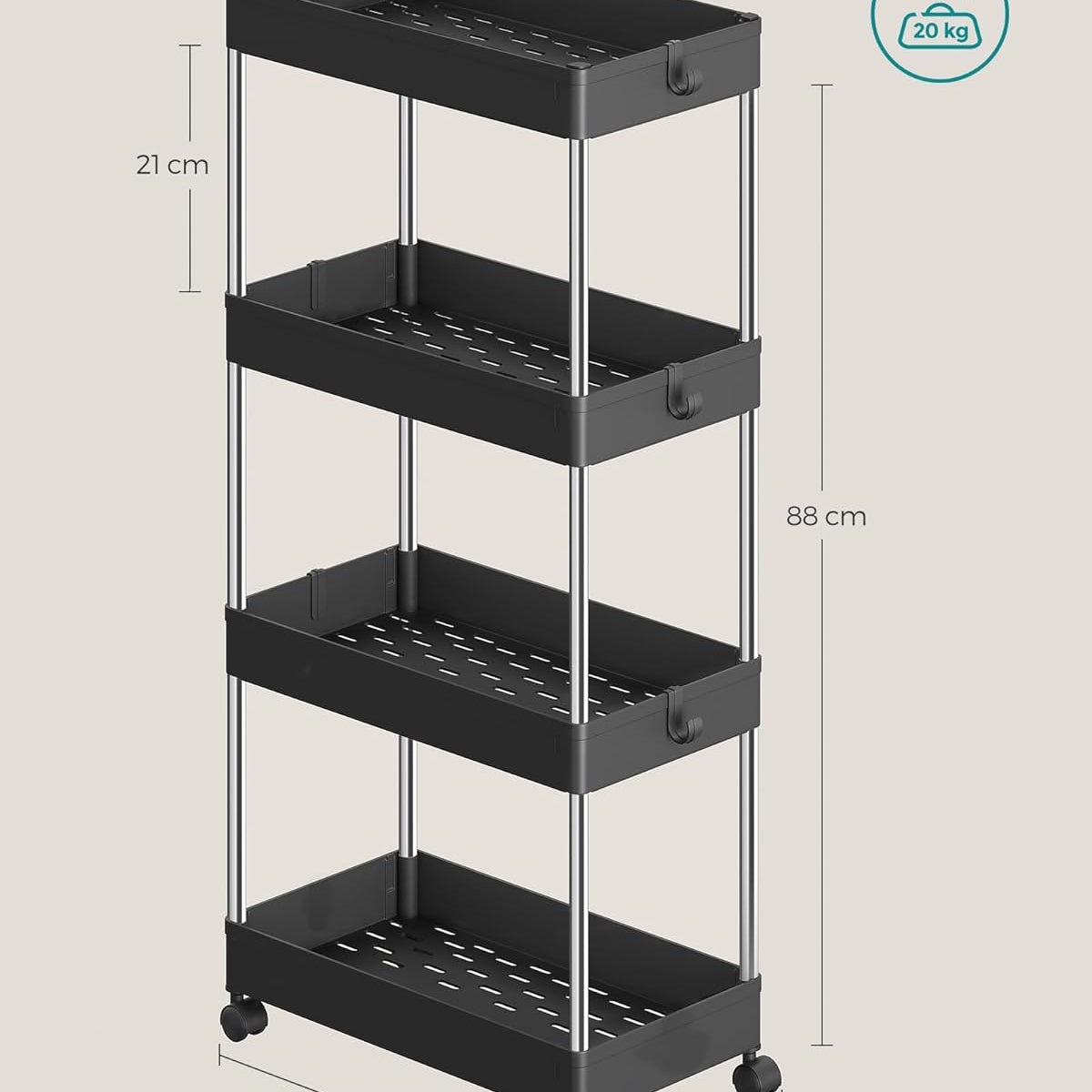 Rolling Cart Kitchen Trolley with 4 Tiers, Kitchen Shelf, Recess Shelf ...