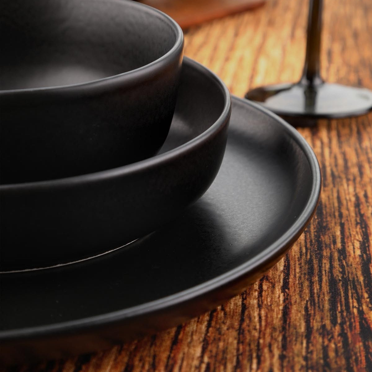 Matte Black Stoneware Dinnerware Set – Modern Minimalist Tableware(12 ...