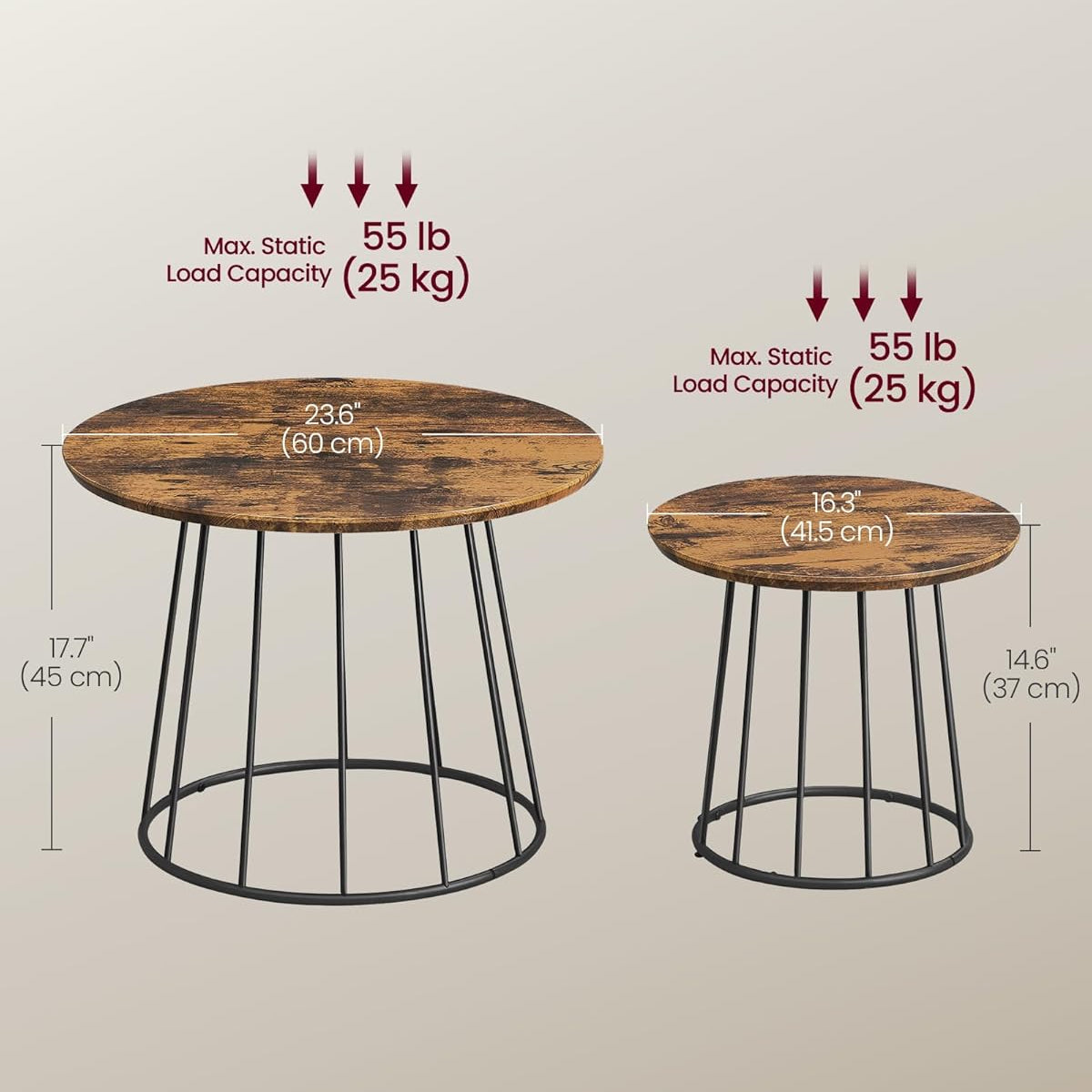 Set of 2 Round Coffee Tables – Rustic Brown, Steel Frame – Karrari