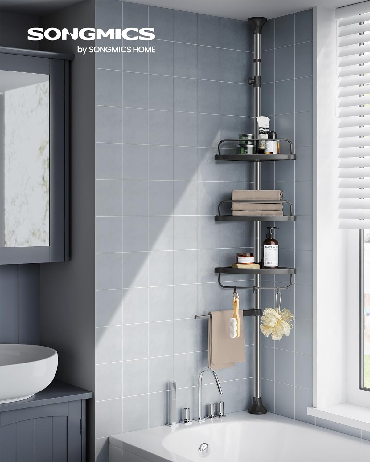 Adjustable Height Telescopic Bathroom Storage Shelf, Total Height 95-3