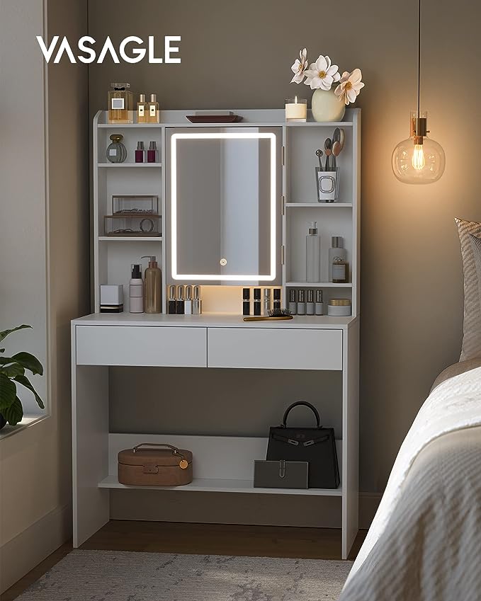Dressing Table with LED Mirror, 3 Colours, Adjustable Brightness, Make
