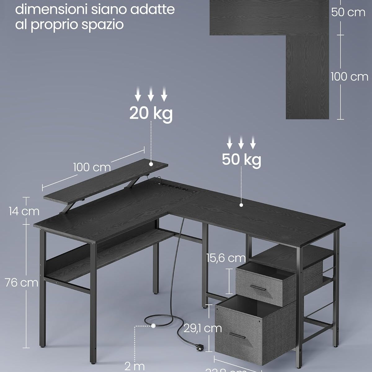 L-Shaped Desk with Power Sockets, Corner Table, Computer Desk with Mon ...
