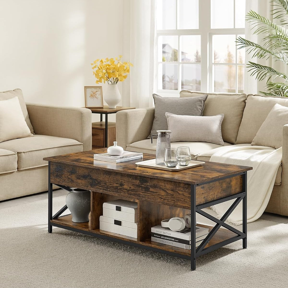 Lift-Top Coffee Table with Open & Hidden Storage-Rustic Brown & Black ...