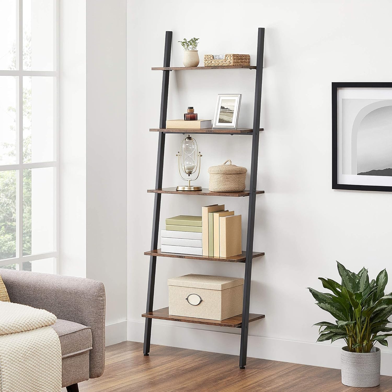 Industrial Style Ladder Shelf, Bookcase, 5 Tier Storage Unit, Tilted S
