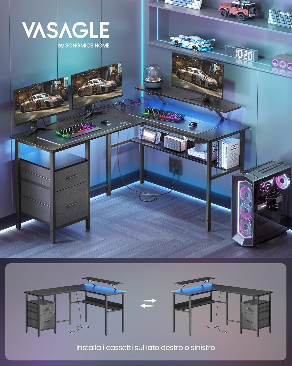 L-Shaped Desk with Power Sockets, Corner Table, Computer Desk with Mon
