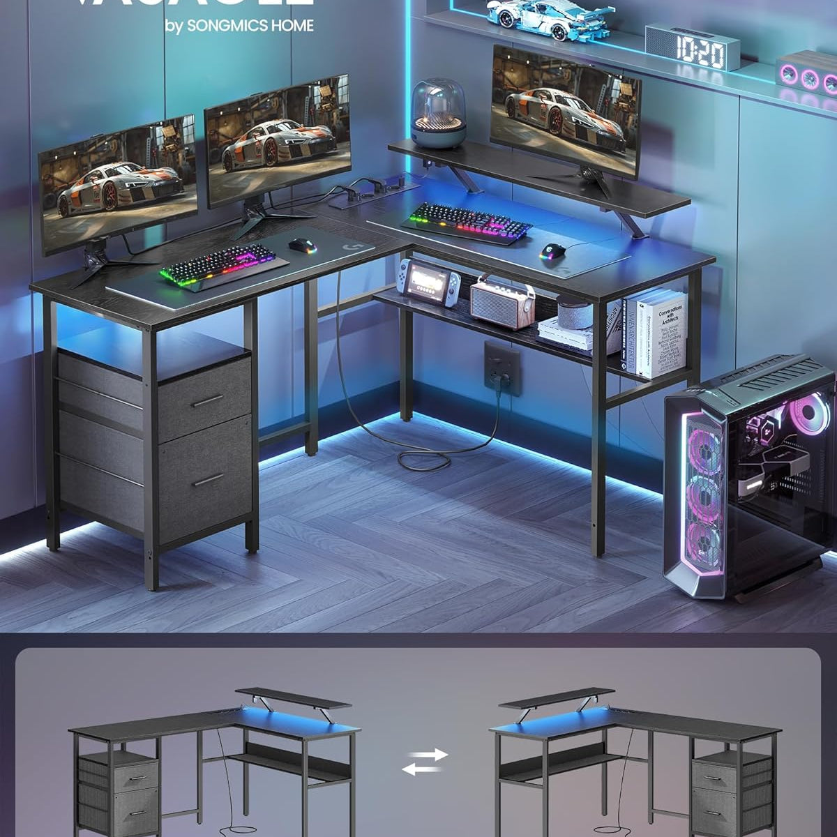 L-Shaped Desk with Power Sockets, Corner Table, Computer Desk with Mon ...