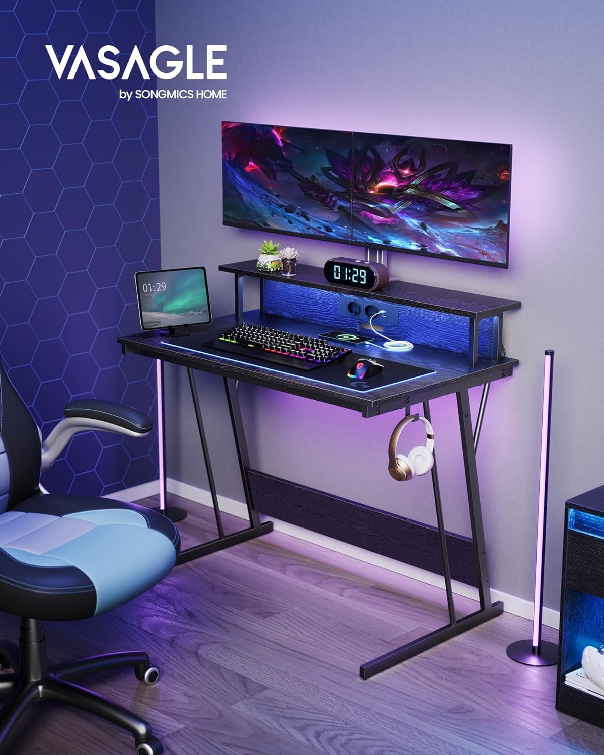 Gaming Table with LED Lighting Desk with Built-in Power Strip Computer