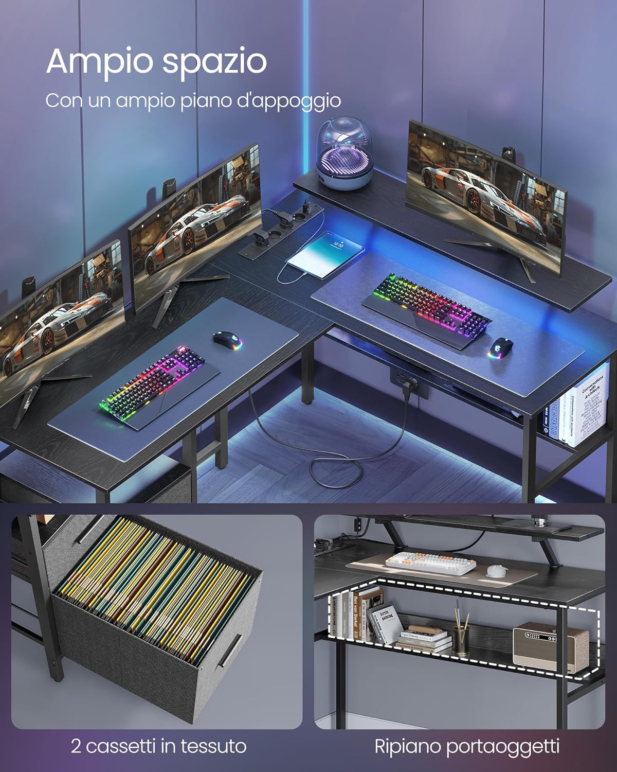 L-Shaped Desk with Power Sockets, Corner Table, Computer Desk with Mon ...