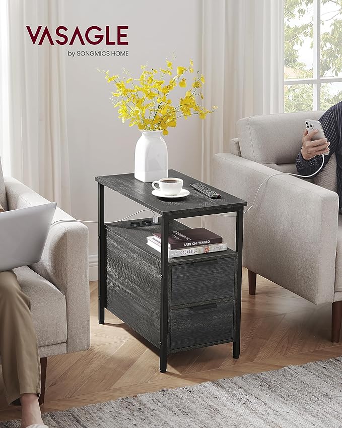 Side Table, Bedside Table with Power Strip, 2 Drawers, Sofa Table, Bed