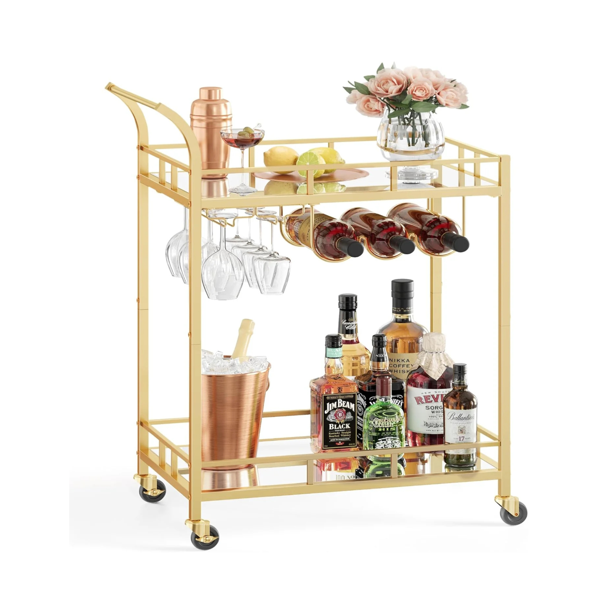 Gold Bar Cart with 2 Mirrored Shelves & Wine Holders