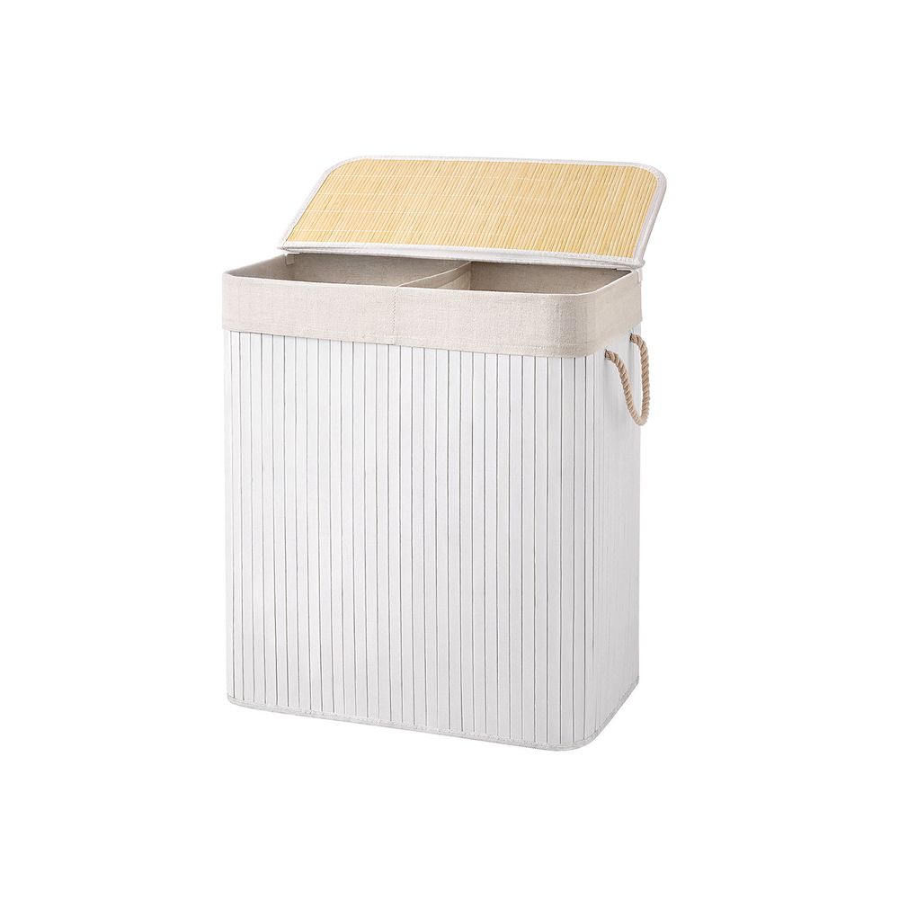 Divided Bamboo Laundry Basket with Lid, 2 Sections, Removable Liners,