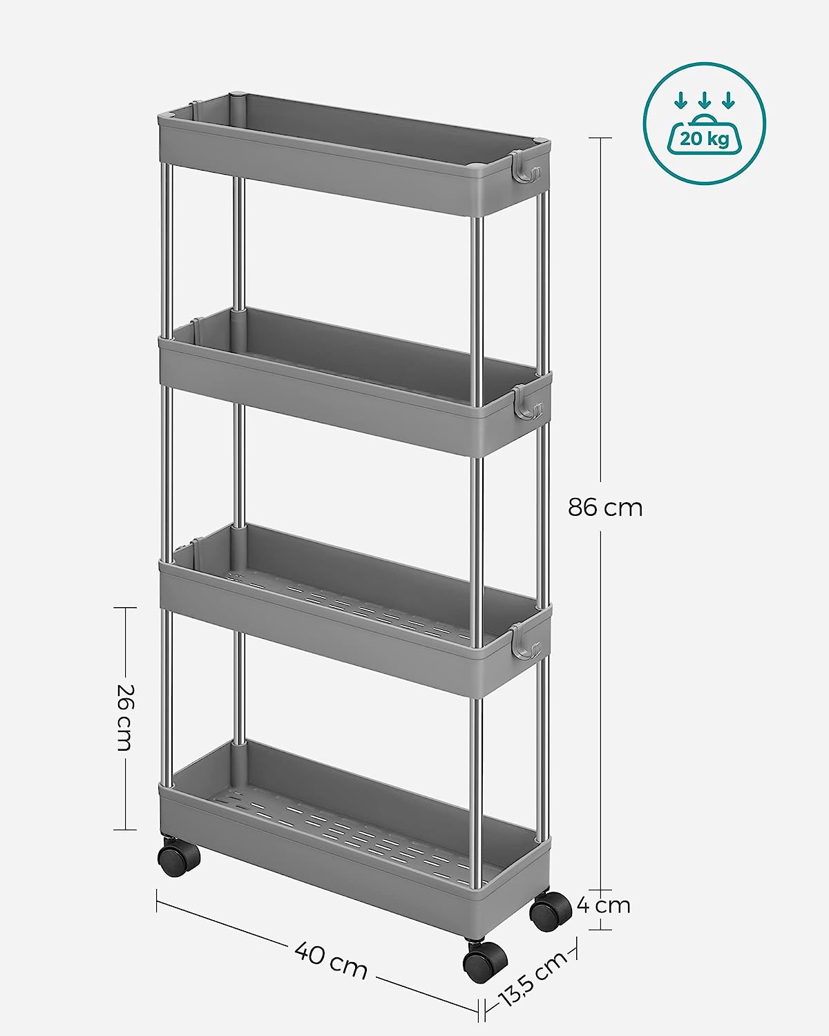 4-Tier Storage Trolley on Wheels, Plastic Storage Unit, Space-Saving S