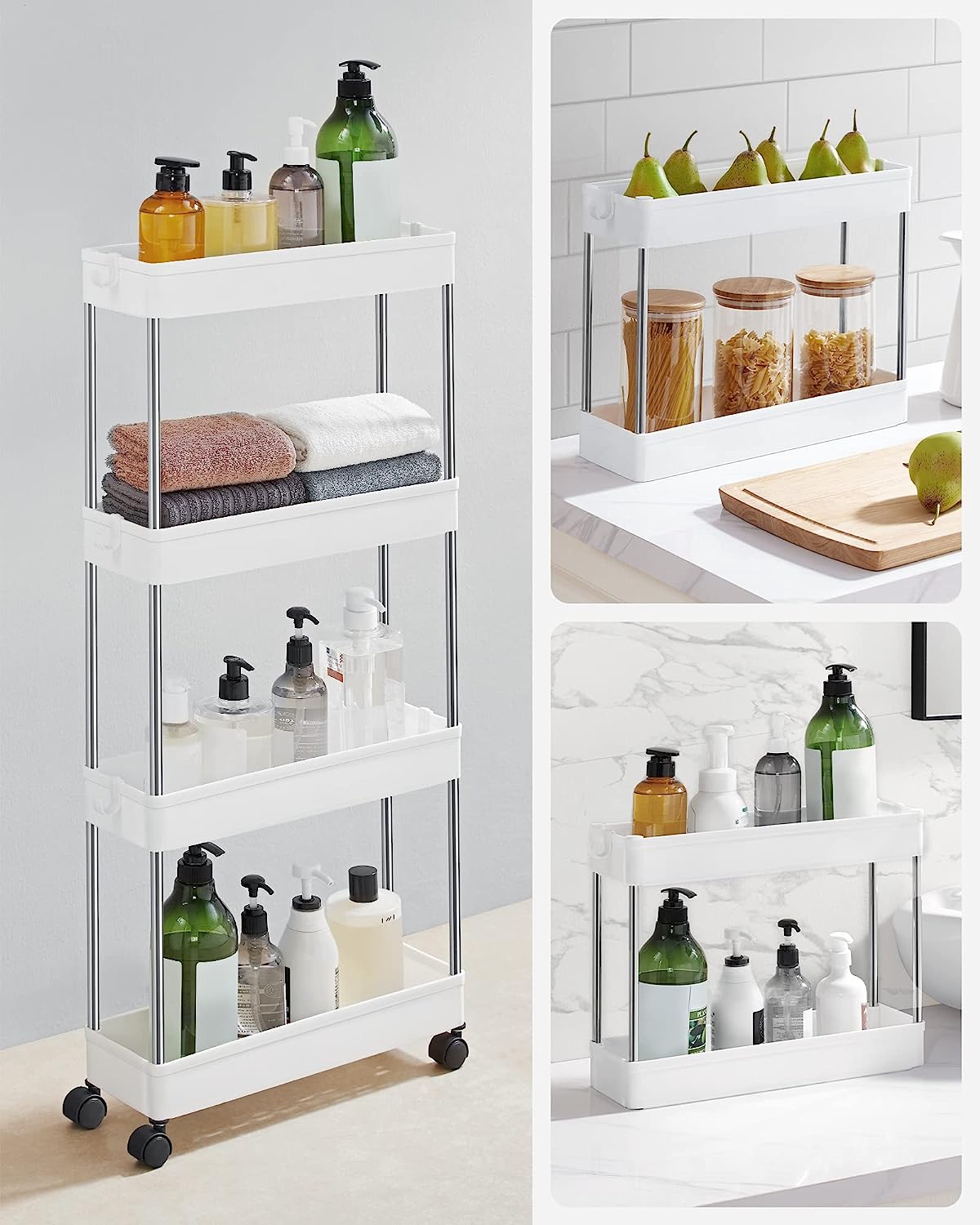 4-Tier Storage Trolley on Wheels, Plastic Storage Unit, Space-Saving S