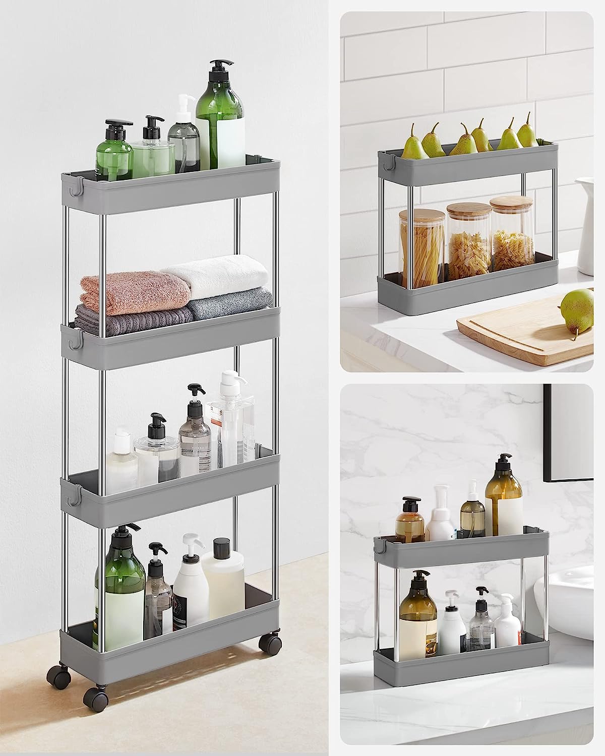 4-Tier Storage Trolley on Wheels, Plastic Storage Unit, Space-Saving S