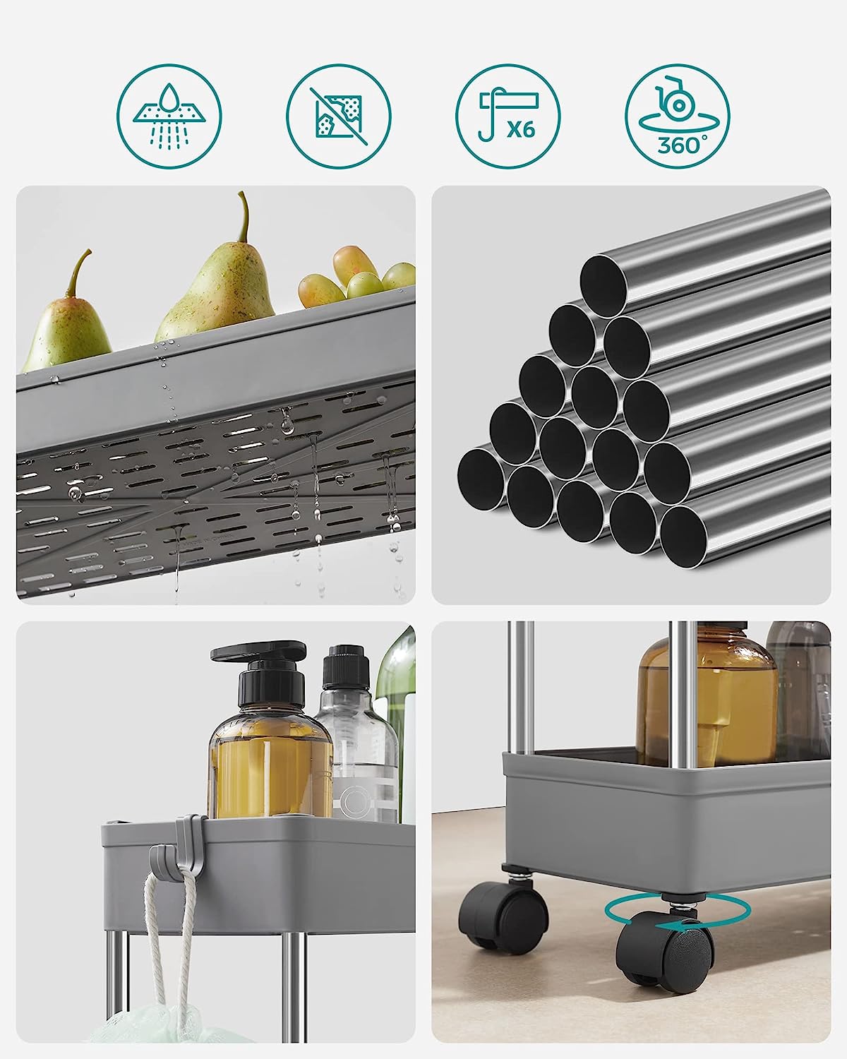 4-Tier Storage Trolley on Wheels, Plastic Storage Unit, Space-Saving S