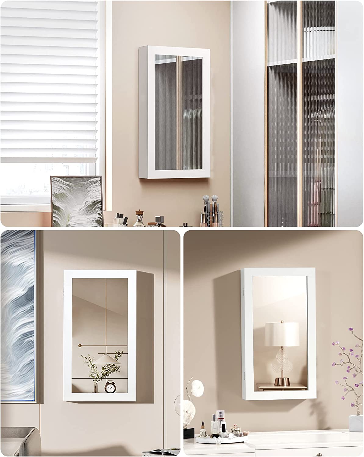 White Mirrored Lockable Jewellery Cabinet, Wall Mount Jewellery Organi