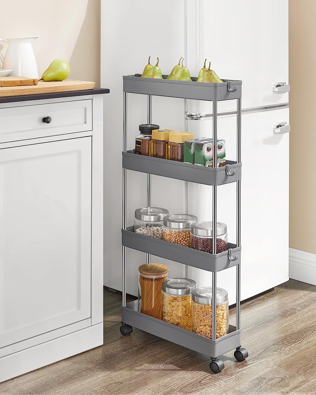 4-Tier Storage Trolley on Wheels, Plastic Storage Unit, Space-Saving S