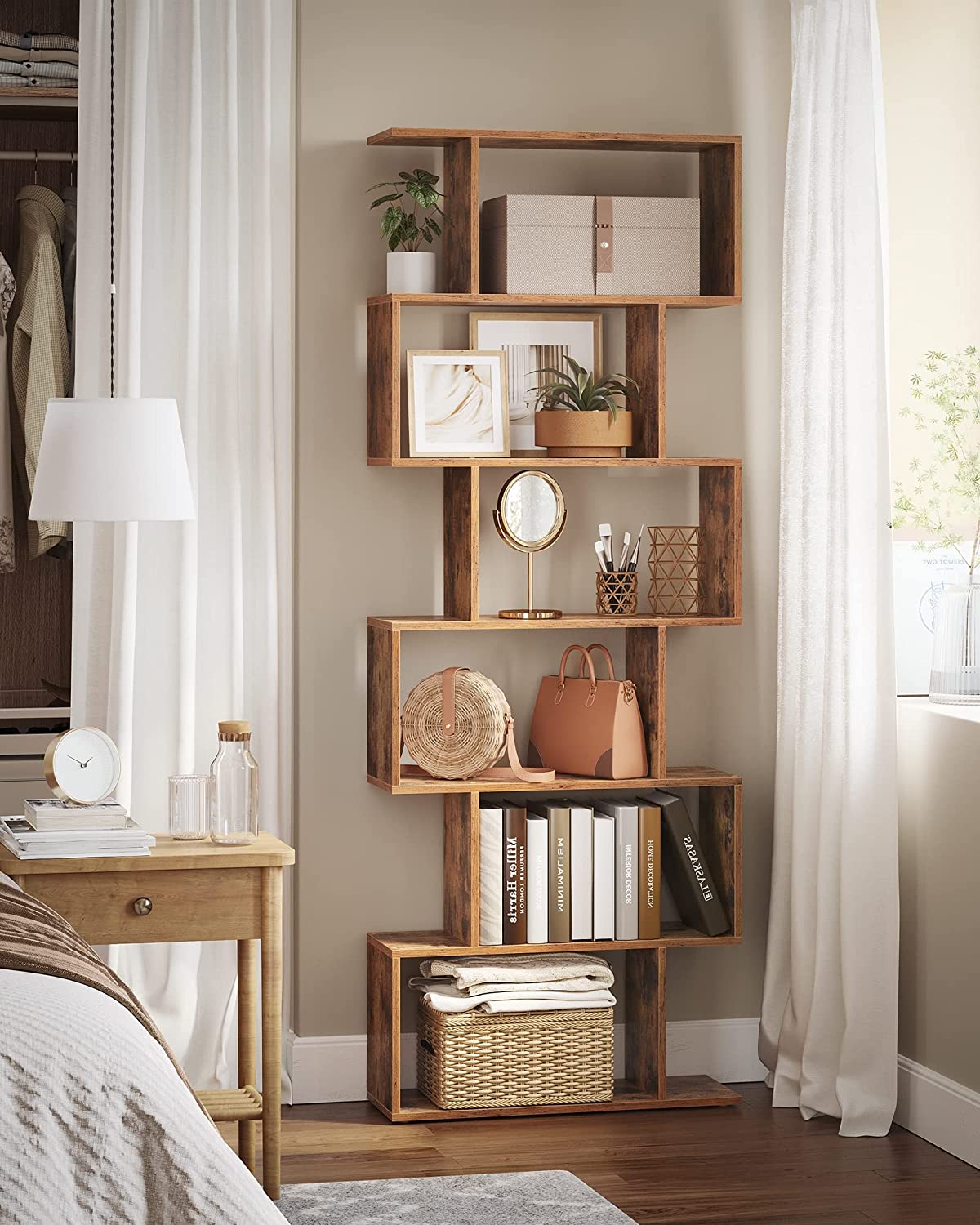 Wooden Bookcase, Cube Display Shelf and Room Divider, Freestanding Dec